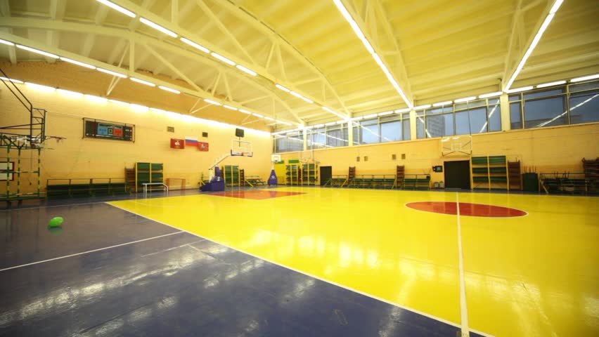 Inside Lighted School Gym Hall With Red Yellow Floor And Basket, Upward ...