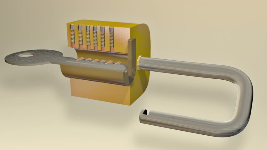 Key Lock Mechanism Block 3D Animation. Shows Internal Lock Springs And ...